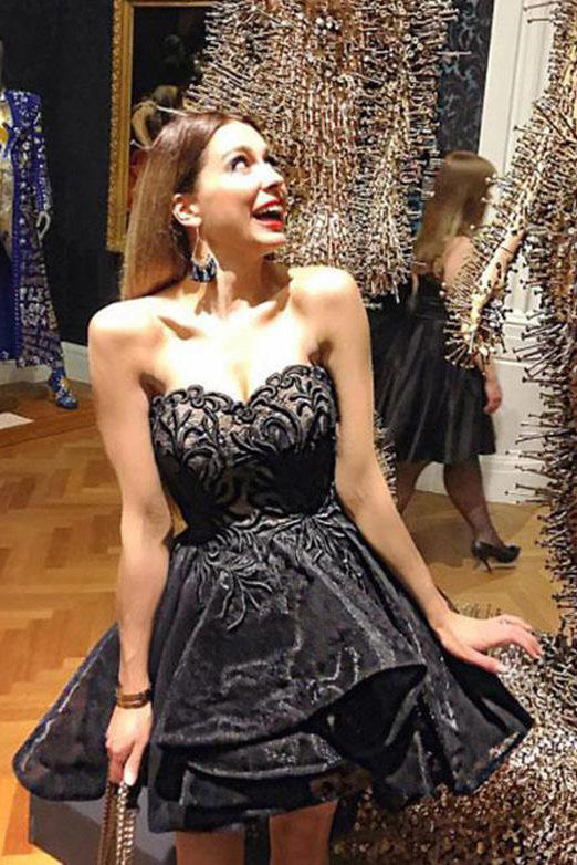Ball Gown Strapless Short/Mini Little Black Lace Homecoming Dress PDA1 ...