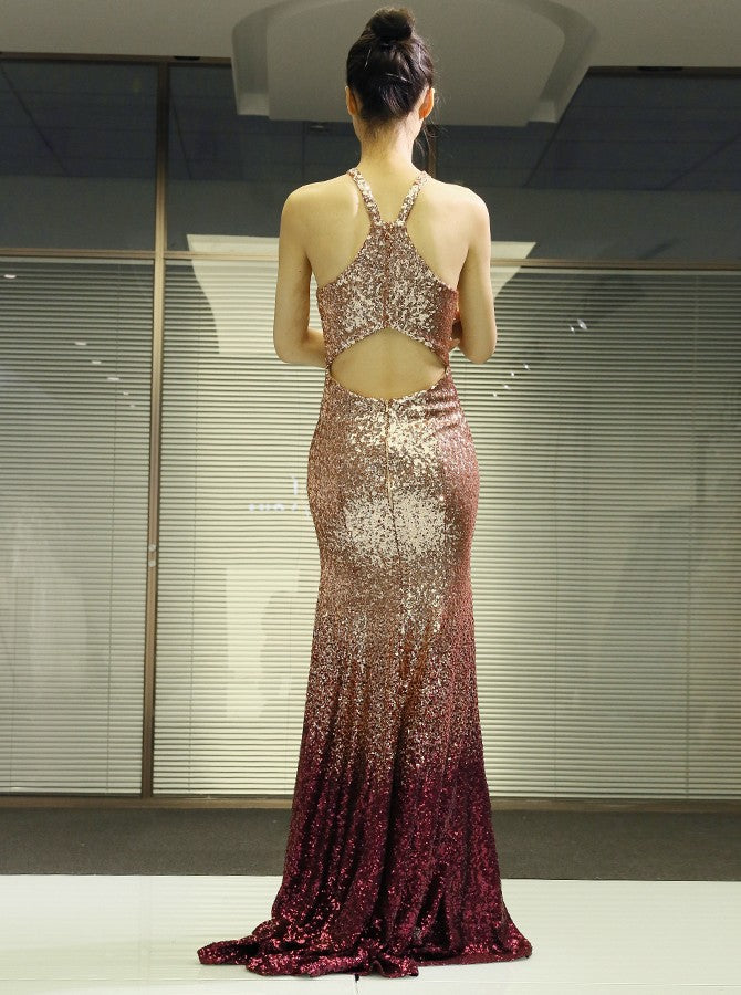 Mermaid Cross Neck Ombre Long Prom Dress Open Back Sequined Evening PD ...